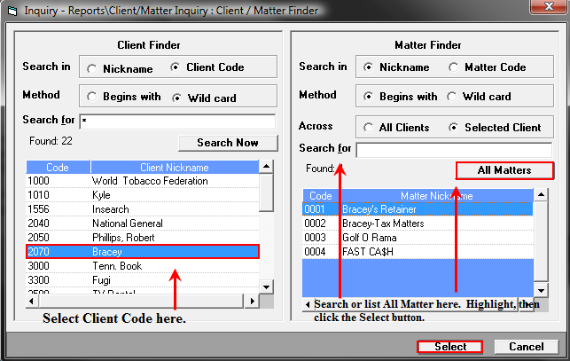 Client/Matter Inquiry report